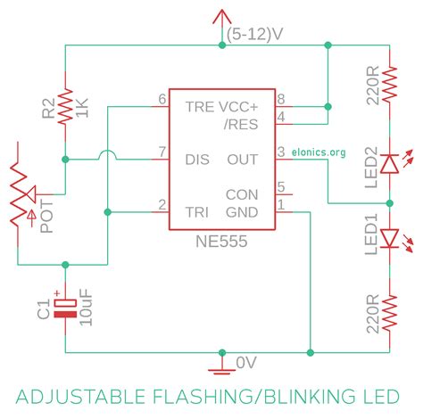 Adjustable Flashing Blinking LED Circuit Using 555 Timer IC