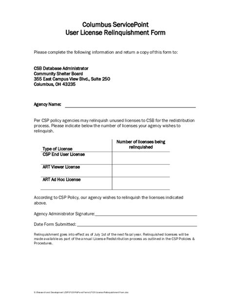 Fillable Online CSP User License Relinquishment Form Fax Email Print