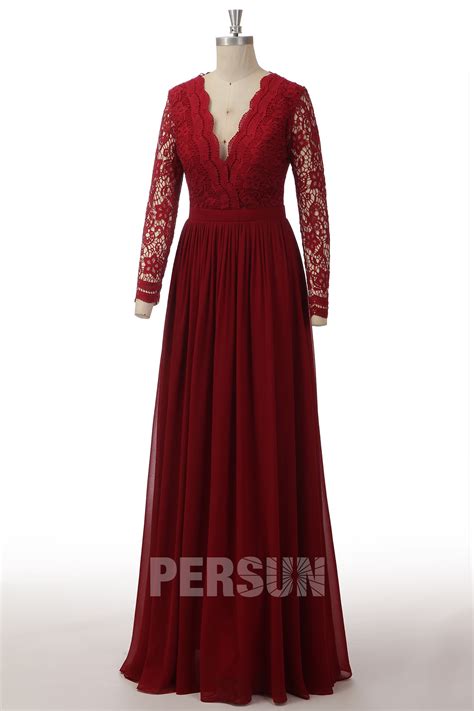 Robe De Soir E Longue Bordeaux Col V En Dentelle Guipure Manche Longue