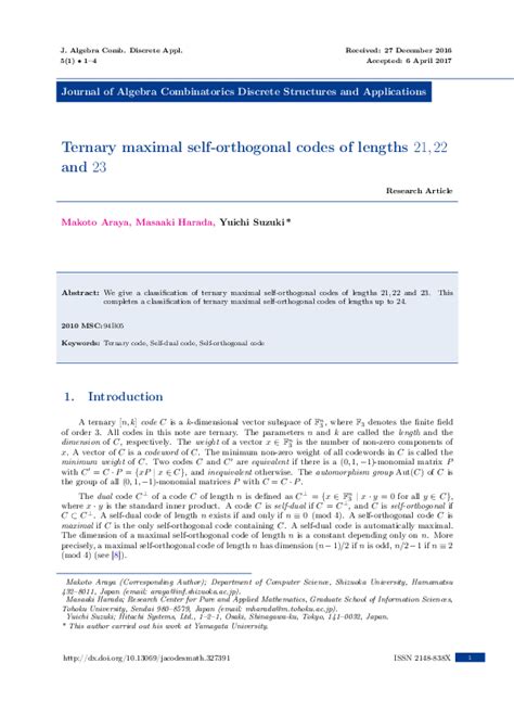pdf ternary maximal self orthogonal codes of lengths 21 22 and 23 journal of algebra