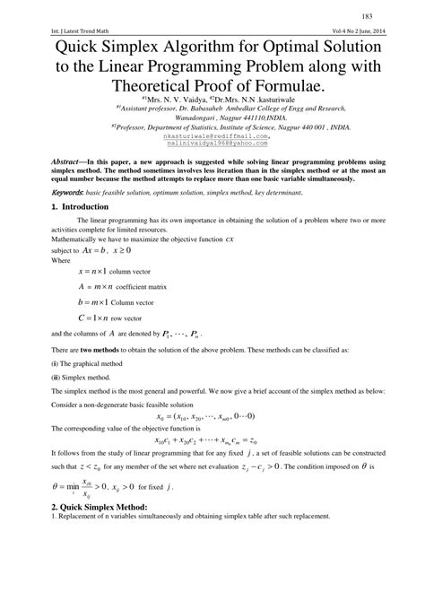pdf quick simplex algorithm for optimal solution to the linear programming problem along with