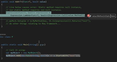 Expression Call Causes Static Method Requires Null Instance Non