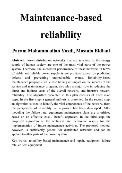 pdf maintenance based reliability