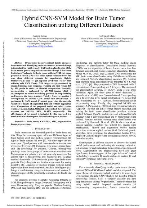 pdf hybrid cnn svm model for brain tumor classification utilizing different datasets