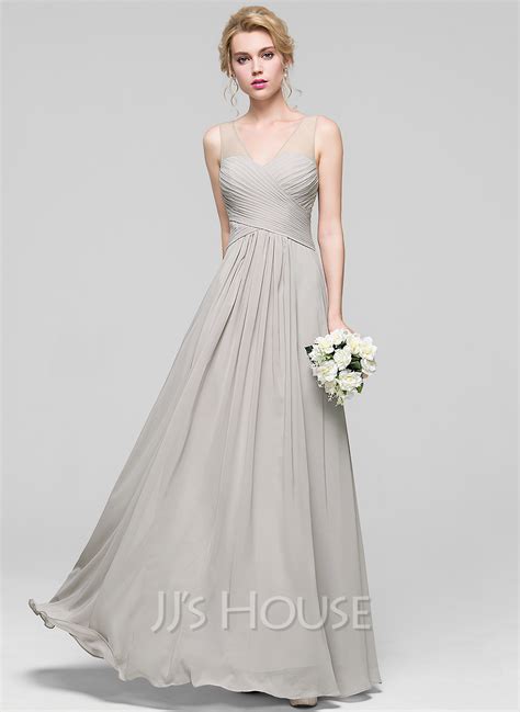 A Line V Neck Floor Length Chiffon Bridesmaid Dress With Ruffle