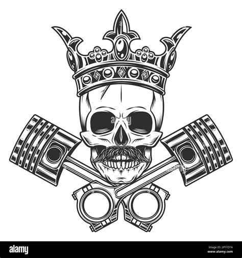 King Biker Skull In Crown With Mustache And Crossed Engine Pistons