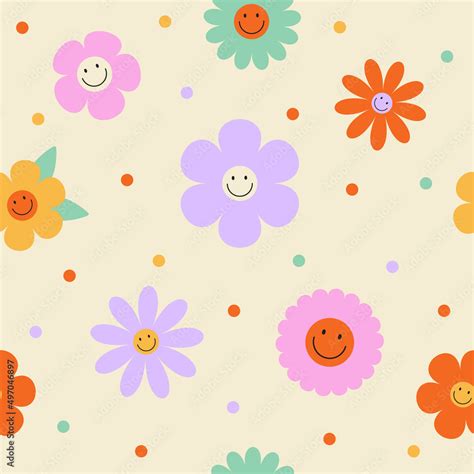Seamless Vector Pattern With Colorful Groovy Flowers And Smiling Faces