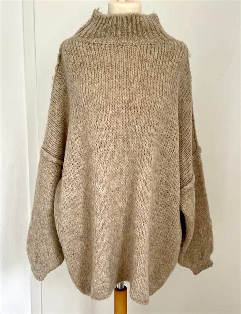 Oversized Strickpullover Turtleneck Grobstrick Beige Pullover Pulli