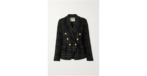 L Agence Kenzie Double Breasted Metallic Checked Tweed Blazer In Black