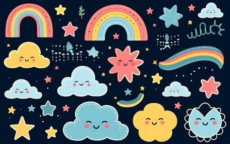 Colección de nubes y estrellas de arco iris Foto Premium