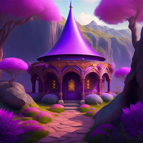 Cuento de hadas pueblo de elfos púrpuras paisaje de fantasía y leyenda