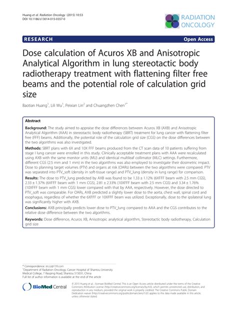 pdf dose calculation of acuros xb and anisotropic analytical algorithm in lung stereotactic