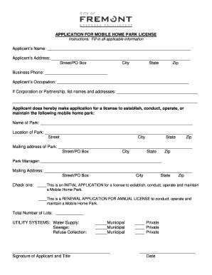 Fillable Online APPLICATION FOR MOBILE HOME PARK LICENSE Instructions