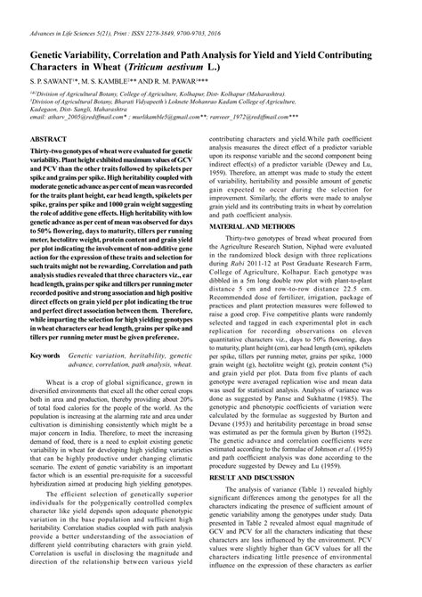 pdf genetic variability correlation and path analysis for yield and yield contributing
