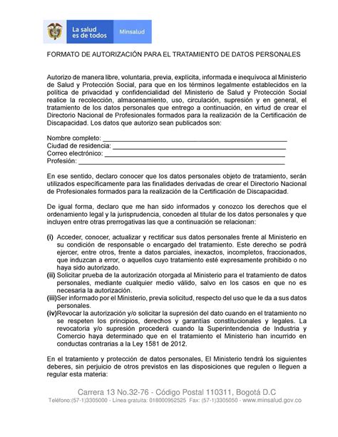 Formato De Autorizaci N Para El Tratamiento De Datos Personales