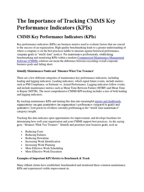 the importance of tracking cmms key performance indicators pdf performance indicator