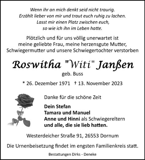Traueranzeigen von Roswitha Janßen OK Trauer de