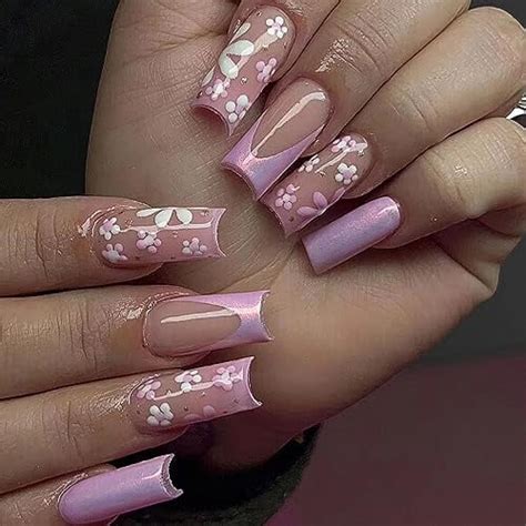 Shnwu Pink Press On Nails French Tip Square Fake Nails Flower Pattern