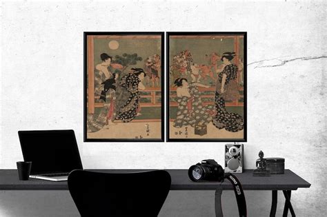 Asian Erotic Art Nude Japanese Women Vintage Print Set Of 2 Antique