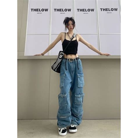 Calça De Cargo Lavada Multi Pocket Blue Washed Y2k Moda De Rua Alta
