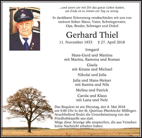 Traueranzeigen Von Gerhard Thiel Trauer In NRW De