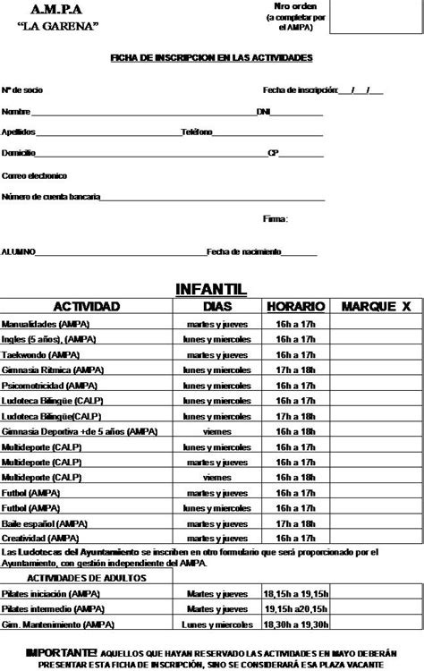 AMPA LA GARENA Formularios de inscripción de Actividades