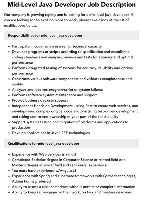 mid level java developer job description velvet jobs