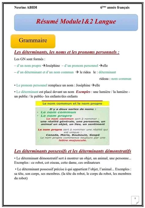 قسم السنة السادسة ابتدائي Français Résumé langue
