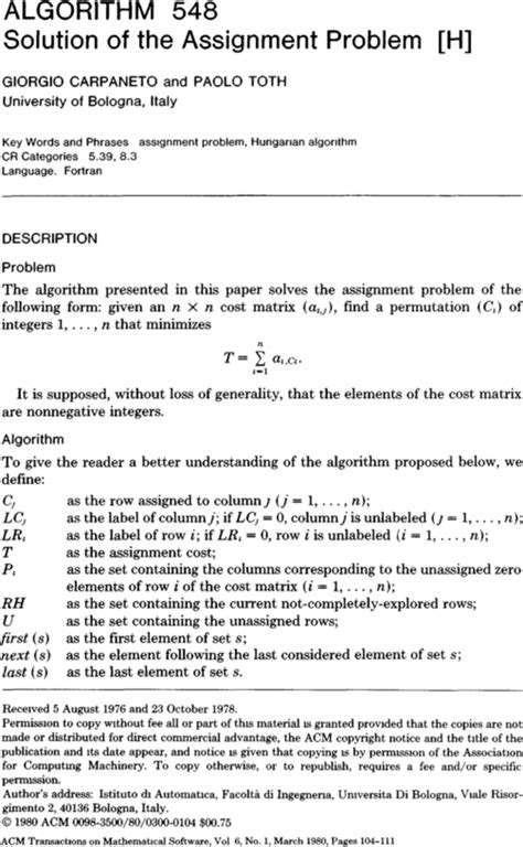 algorithm 548 solution of the assignment problem [h] acm transactions on mathematical software