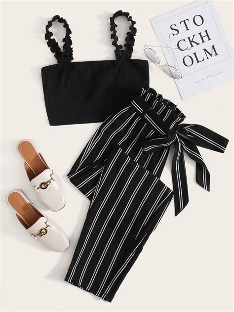 SHEIN VCAY Conjunto Top De Tirantes Con Tiras Ribete Fruncido Con