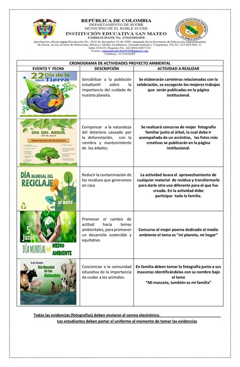 Actividad Proyecto Ambiental 2 CRONOGRAMA DE ACTIVIDADES PROYECTO