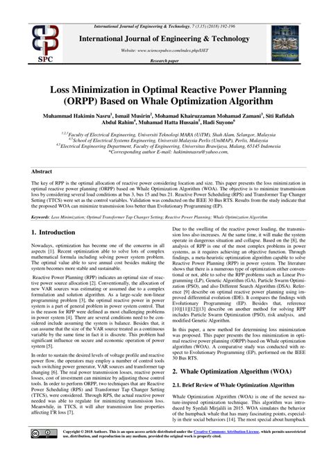 pdf loss minimization in optimal reactive power planning orpp based on whale optimization