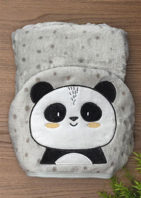 Cobertor Bebê Microfibra Capuz Bordado Panda Ropek Moda Bebê