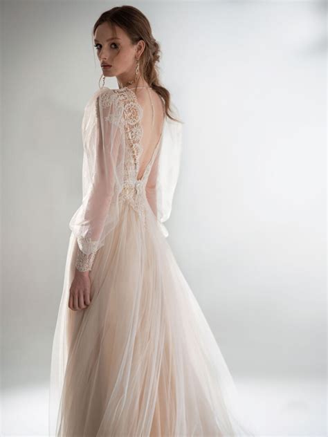 Puff Sleeve A Line Wedding Dress With V Plunging Neckline