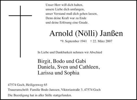 Traueranzeigen von Arnold Janßen Trauer in NRW de