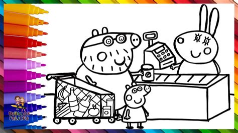 Dibuja y Colorea A Peppa Pig Y Papá Pig En El Supermercado Dibujos