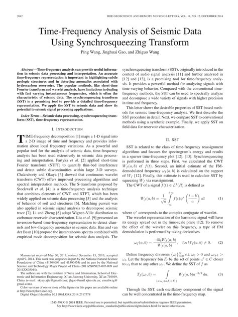 pdf time frequency analysis of seismic data using synchrosqueezing transform