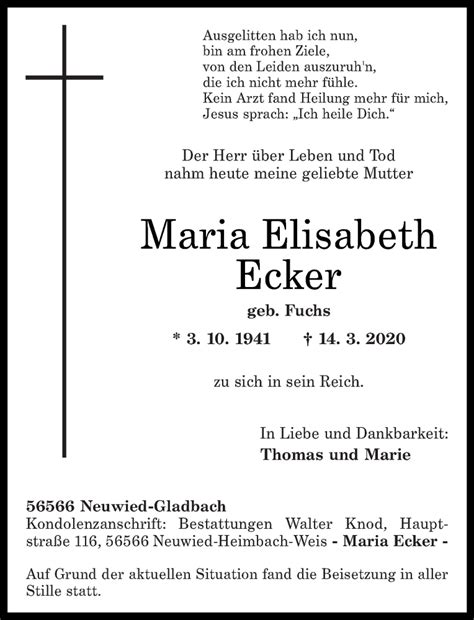 Traueranzeigen Von Maria Elisabeth Ecker Rz Trauer De
