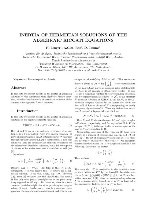 pdf inertia of hermitian solutions of the algebraic riccati equations