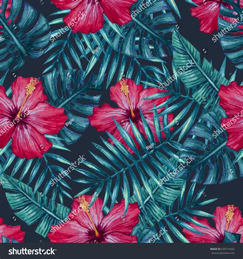 Watercolor Hibiscus Flower Palm Leaves Seamless Stock Illustration
