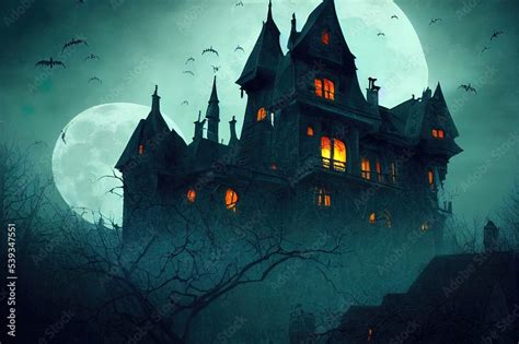 Haunted Gothic Castle At Night Old Spooky House In Full Moon Creepy