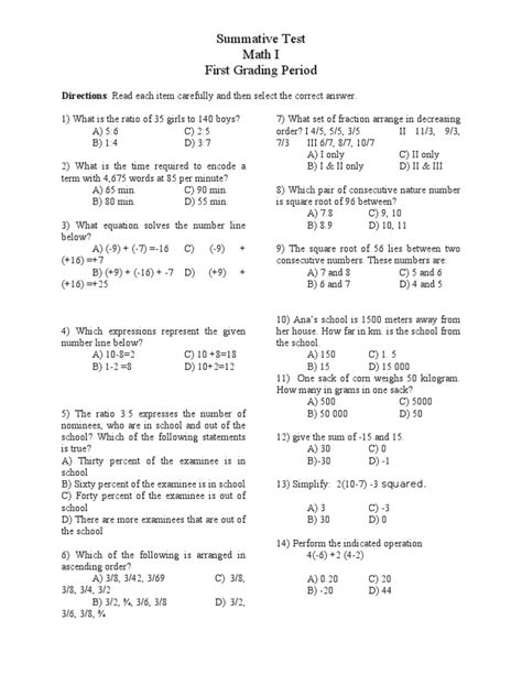 summative test math 1 celsius square root