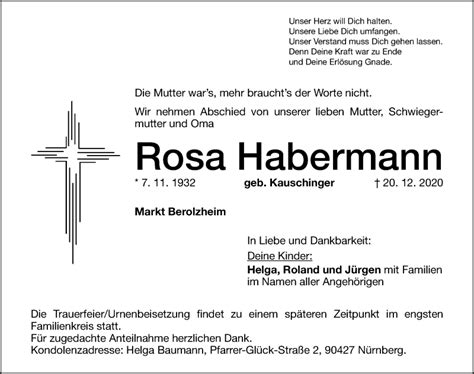 Traueranzeigen Von Rosa Habermann Trauer Nn De