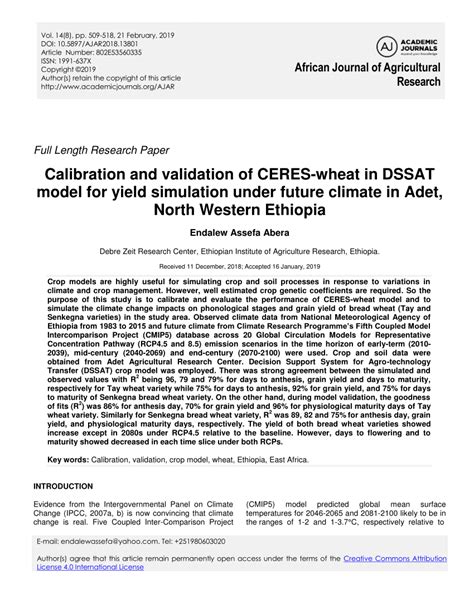 pdf calibration and validation of ceres wheat in dssat model for yield simulation under future