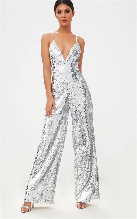 Silver Sequin Plunge Jumpsuit Silver Jumpsuits New Years Eve Outfits