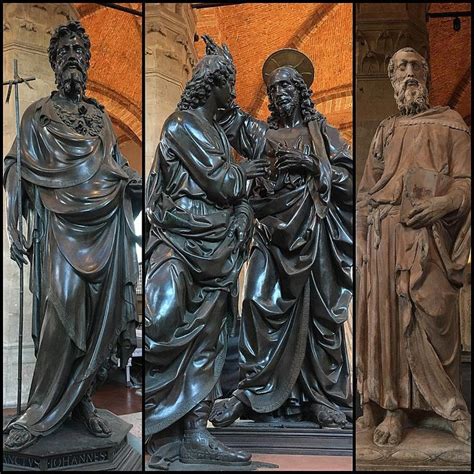Three Pictures Of Statues Of Men And Women