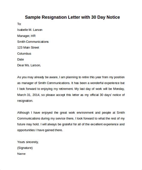 30 Day Notice Letter To Employer Free Resignation Sample Rezi