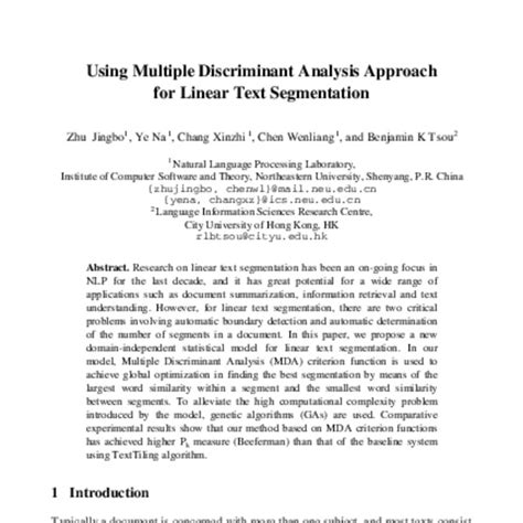using multiple discriminant analysis approach for linear text segmentation acl anthology