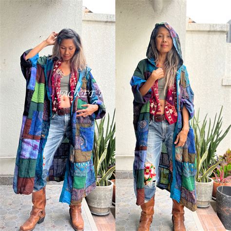 Boho Patchwork Long Jacket With Pocket And Hoody Patchwork Soft Comfy