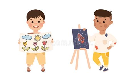 Niños Pequeños Adorables Pintando Sobre Lienzo Chicos Talentosos